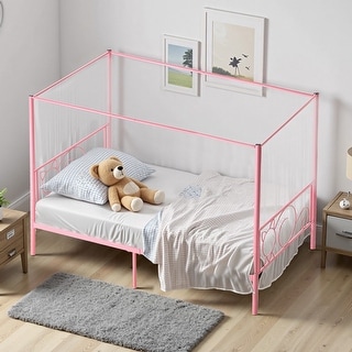 Metal Canopy Bed Frame Decorative Posts Round Tube Twin Pink - Bed Bath ...