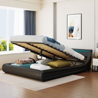 Black Queen Faux Leather Bed with LED Light Headboard - Bed Bath ...