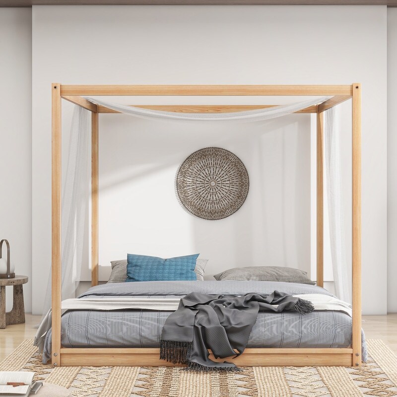Natural Color King Size Pine Canopy Bed Platform Bed with Support Legs On Sale Bed Bath Beyond 38460518