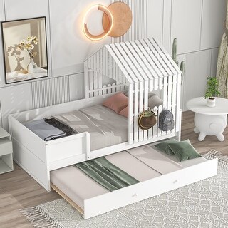 Twin Size House Shape Low Loft Bed With Trundle,Sturdy Frame - Bed Bath ...