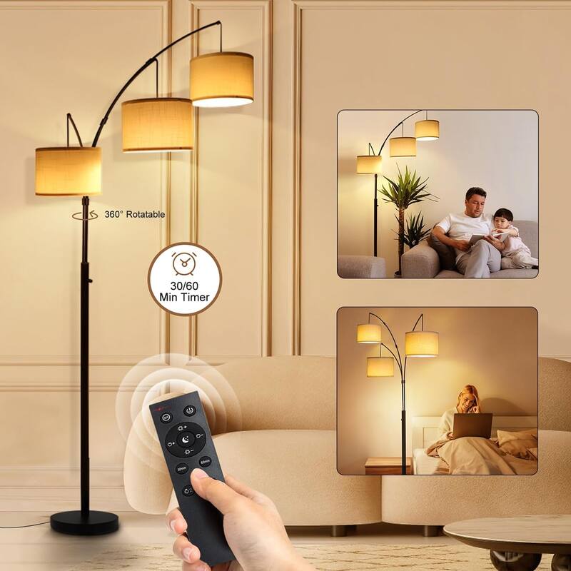 Netin 80" 3 Light Arc Floor Lamp with Remote Control, Dimmable 3 Color ...