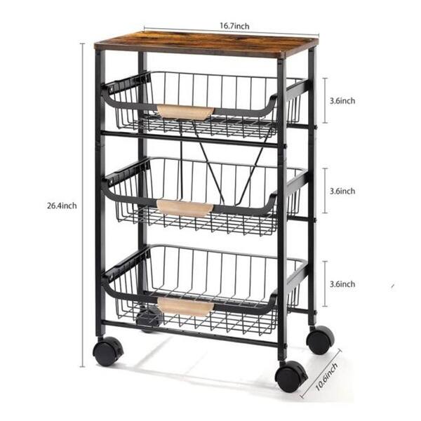 Metal Rolling Cart Kitchen Rack W/ 2 Lockable Wheels & Wooden Handles ...