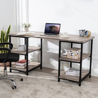 59-Inch Retro Grey Computer Desk with 2-Tier Shelves, Sturdy Metal ...