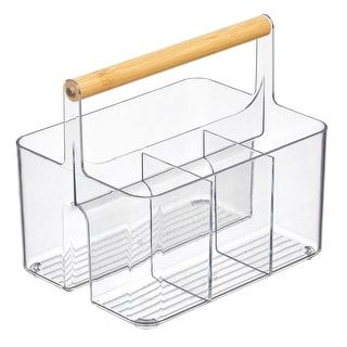 mDesign Plastic Kitchen Tote, Divided Basket Bin with Wood Handle - Bed ...