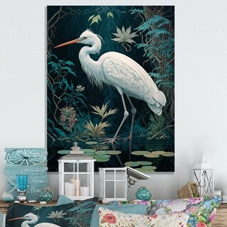 Designart 'White Stork Standing In A Forest Pond I' Animals Bird Metal ...