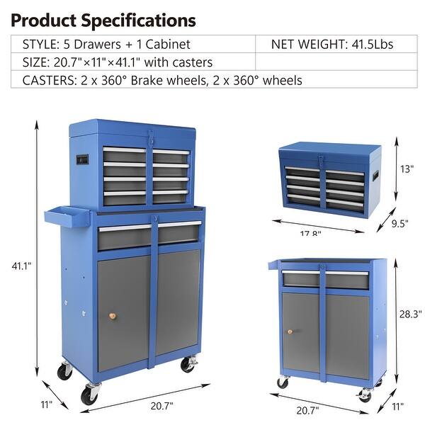 5-Drawer Rolling Tool Storage Cabinet with Detachable Top Tool Box ...