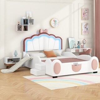 PU Upholstered LED Light Platform Bed with Shell Headboard and Children ...