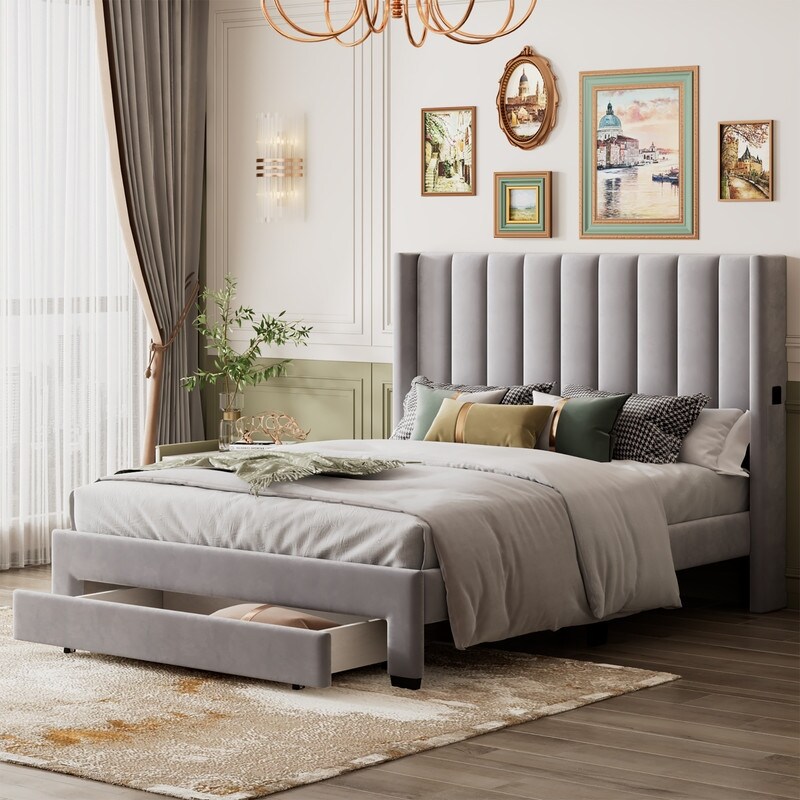Queen Size Velvet Upholstered Platform Bed with Extra Tall Headboard and Drawer Bed Bath Beyond 38245266