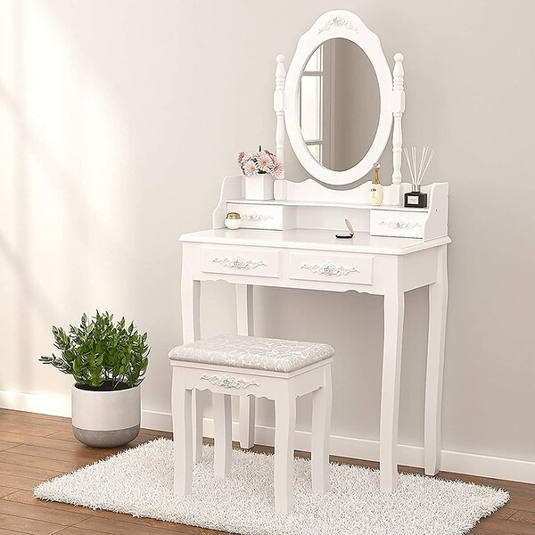 VANTOUL Retro Style Vanity Table Set with 360 Oval Mirror 4 Drawer Makeup Dressing Table with Cushioned Stool White