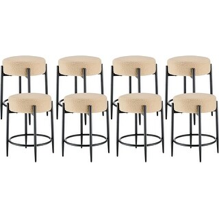Set of 8 Modern Beige Boucle Backless Dining Chairs with Black Metal ...