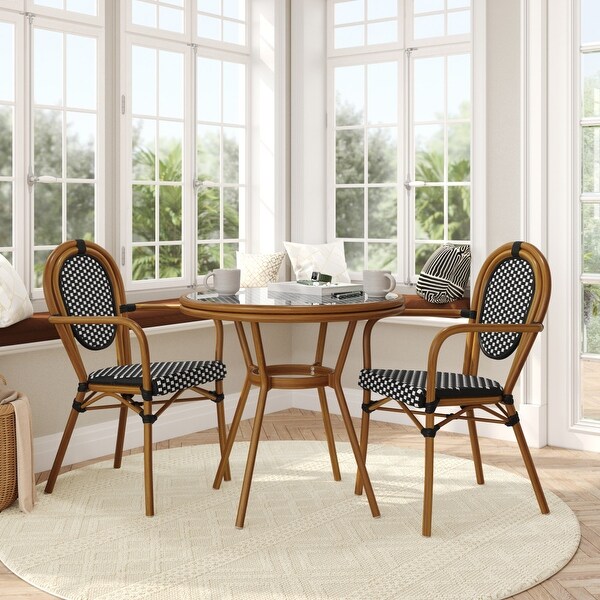 Indoor Outdoor Commercial Bistro Set with Table and Two Chairs Black White Rattan Natural Frame