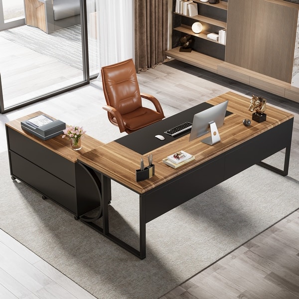 63-inch L-shapped Executive Desk Computer Desks with Wheeled File ...