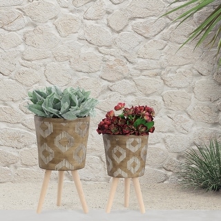 Set of Two Plant Pot with Legs, Boho Flower Pots with Wood Stand - Bed ...