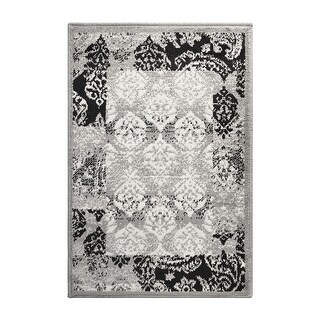HomeRoots 2' X 3' Black And Gray Damask Power Loom Distressed Stain ...