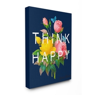 Stupell Navy Blue Think Happy Typography Over Floral Canvas Wall Art ...