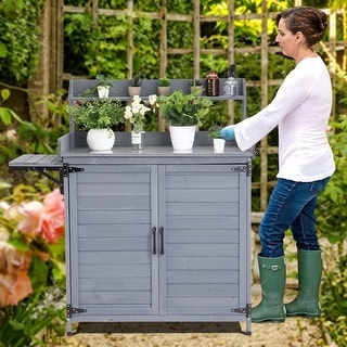 Outdoor Potting Bench Table Storage Cabinet, Wooden Planting ...
