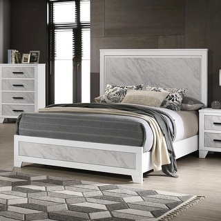 Contemporary Queen Size Bed, Beautiful Faux Marble Look Panel, White ...