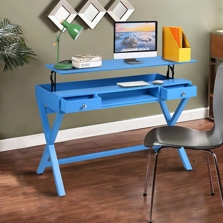 Blue Computer Desk with 2 Drawers, Height-Adjustable Table Top, and ...
