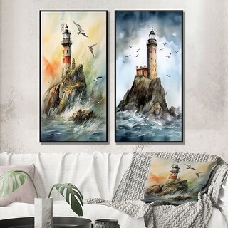 Designart "Ocean Watchtower" Beach Framed Wall Art Set Of 2 - Green ...