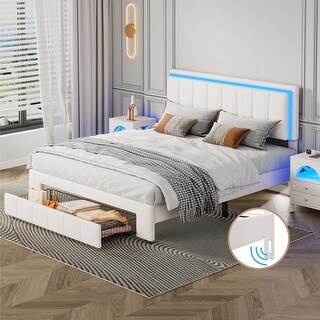 Upholstered Platform Bed with LED Lights, Queen Bed with Drawer &2 ...