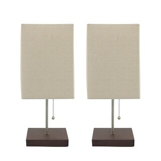 17"Hx6" Dimeter, Set of Two, Wood Table Lamps, Brown Finish with Linen ...