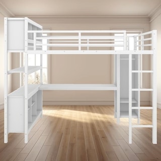 Space-Saving Full Size Metal Loft Platform Bed Frame with Built-in Desk ...