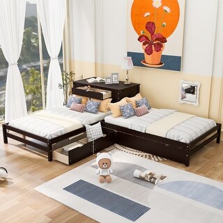 3 in 1 Design L-Shaped Corner Platform Beds with 1 Desk&1 Trundle&2 ...