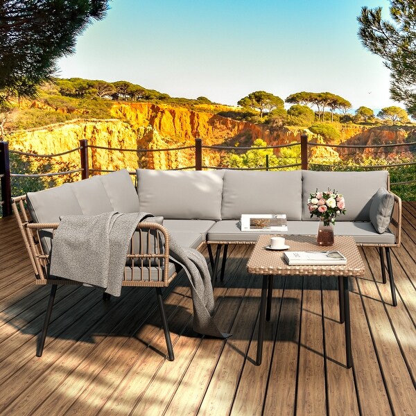 Fernald Wicker 4PCS Patio Furniture Set Outdoor Rattan Conversation Sectional L Shaped Sofa 5 Seater Grey On Sale Bed Bath Beyond 37403051