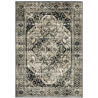8' X 10' Black Grey Tan And Ivory Oriental Power Loom Stain Resistant ...