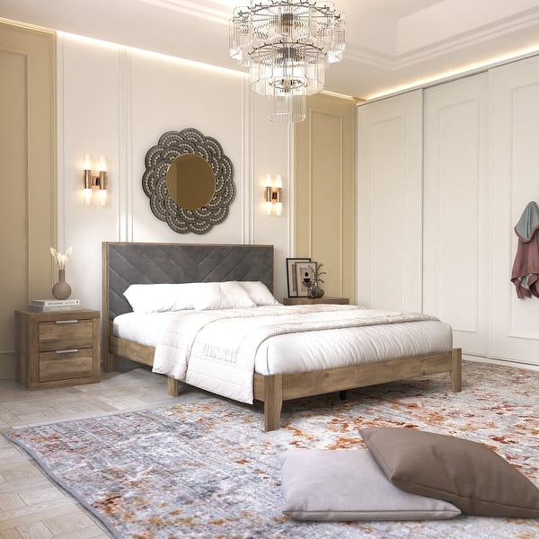 GALANO Vancus Knotty Oak with Velvet Grey Upholstered Queen Platform ...