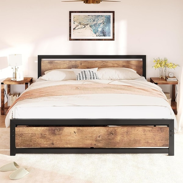 Bed Frame with Wooden Headboard Industrial Metal Bedframe - Bed Bath ...