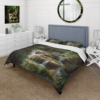 Designart "Waterfall In Dense Forest I" Green Traditional - Bed Cover ...