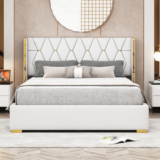 Off White Upholstered Bed Metal Strips Frame Wingback Bed Queen Bed ...