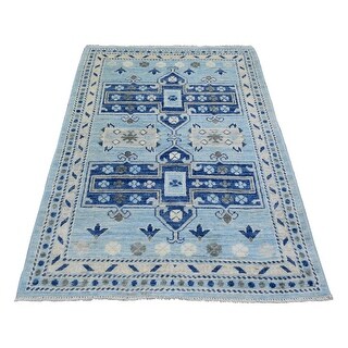 Hand Knotted Blue Tribal & Geometric with Wool Oriental Rug (4' x 5'9 ...