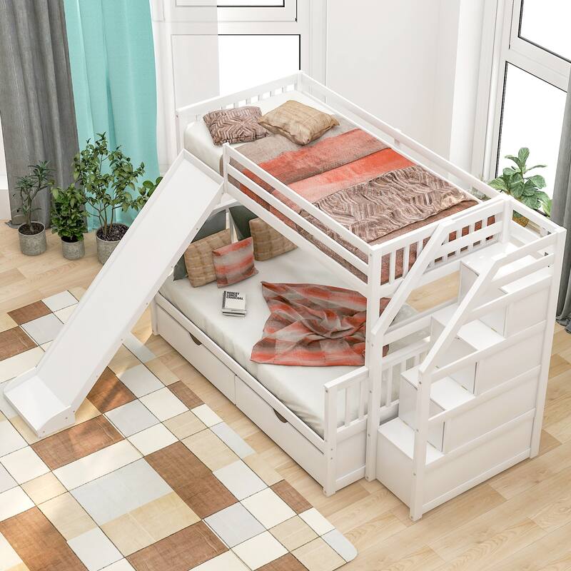 Multifunction Twin over Full Bunk Bed with Drawers,Storage and Slide ...