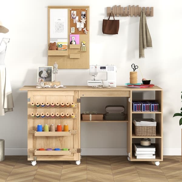 Compact Folding Sewing Table Craft Station with Stylish Rattan Door ...