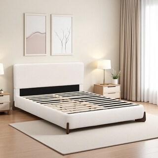 Queen Terry Upholstered Bed with Solid Wood Legs, 12 Slats & 3 Support ...