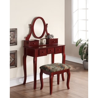 Roundhill Furniture Ashley Wood Cherry Makeup Vanity Table and Stool ...