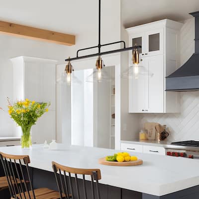 Modern Black Gold 3-Light Linear Glass Chandelier Kitchen Island Light ...