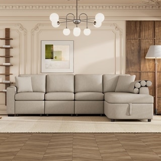 Beige Sectional Sofa 4 Seat Sofa Bed with Storage Chaise & USB Ports ...