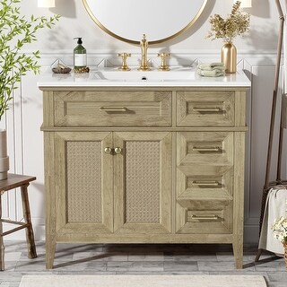 Cane Woven Doors Bathroom Vanity Cabinet with Ceramic Sink, 36 Inch ...