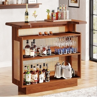 Farmhouse Bar Unit, 4-Tier Rattan Home Bar Table with Stemware Racks ...