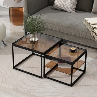 Nested Coffee Table Set,Tempered Glass Cocktail Table with Metal Frame ...