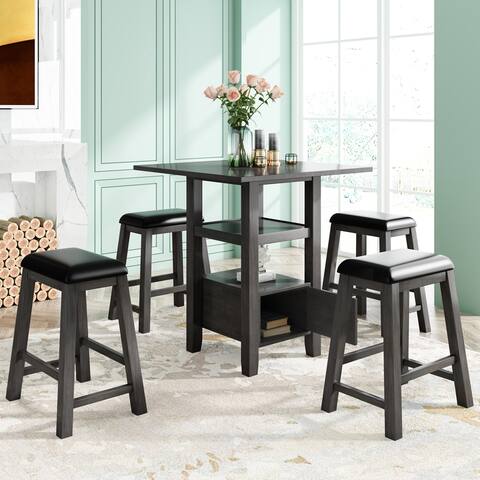 Wood Kitchen Dining Table Set with 4 Upholstered Stools - Overstock ...