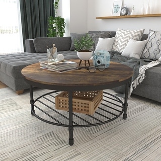 Elephance Industrial Round Coffee Table with Storage Shelf 35" Rustic ...