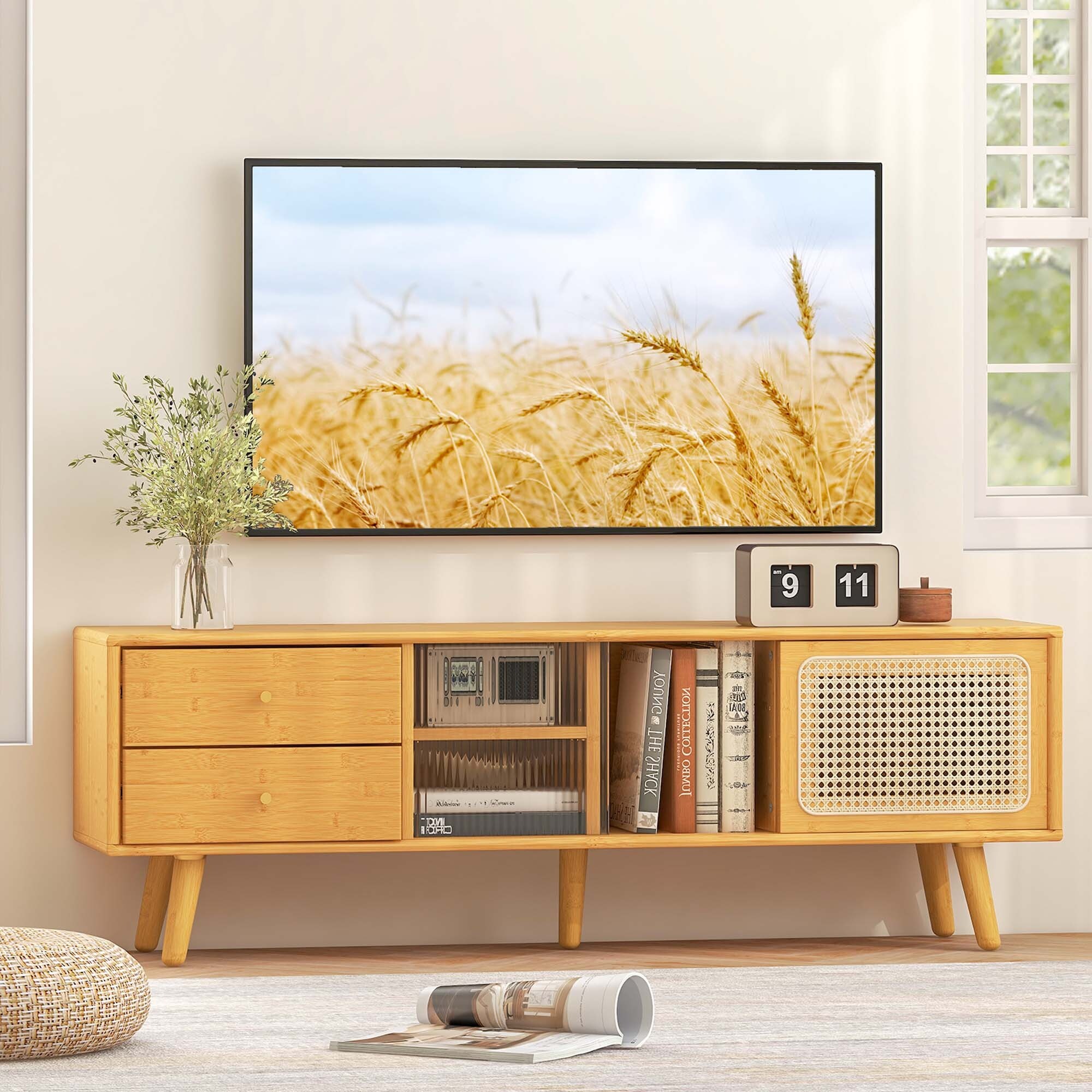 Bamboo TV Stand Console Table with PE Rattan Door 2 Drawers On Sale Bed Bath Beyond 39192876