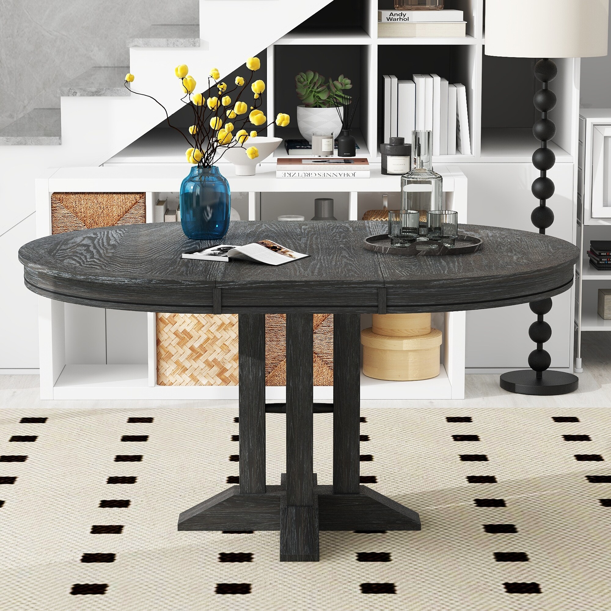 Farmhouse Dining Table Extendable Round Table for Kitchen Dining Room X shape base rubber solid wood Bed Bath Beyond 42430445