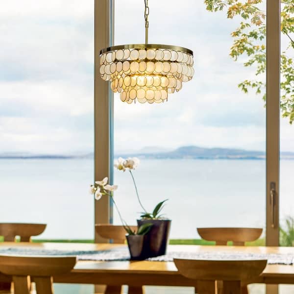 4-Light Round Coastal Capiz Shells Tiered Chandelier With Antique Gold ...