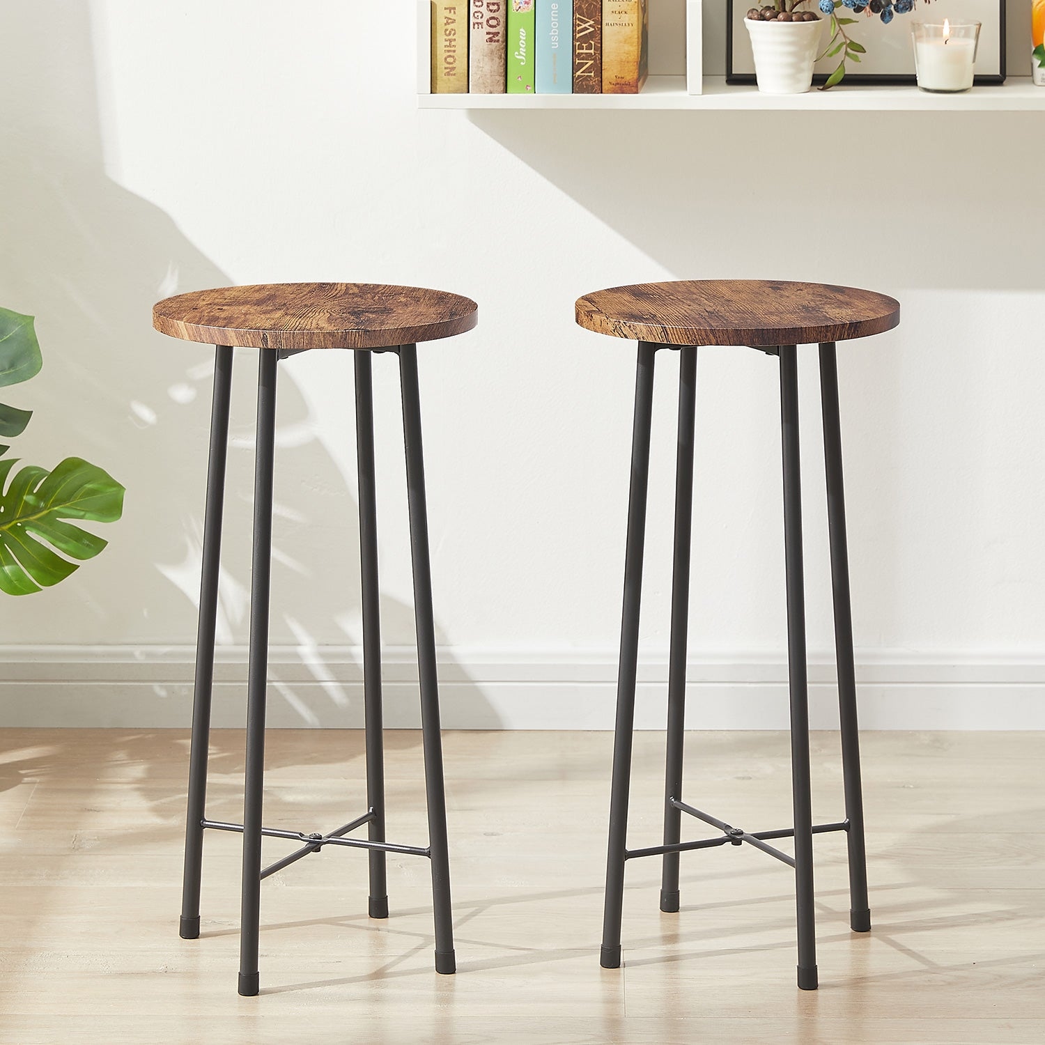 23.6 Height Round Bar Stools Wooden Industrial Style Set of 2