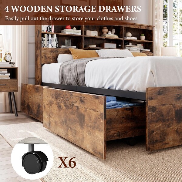 Full Bed Frame with High Storage Bookcase Headboard Wood Bed Frame with 4 Storage Drawers On Sale Bed Bath Beyond 41653914